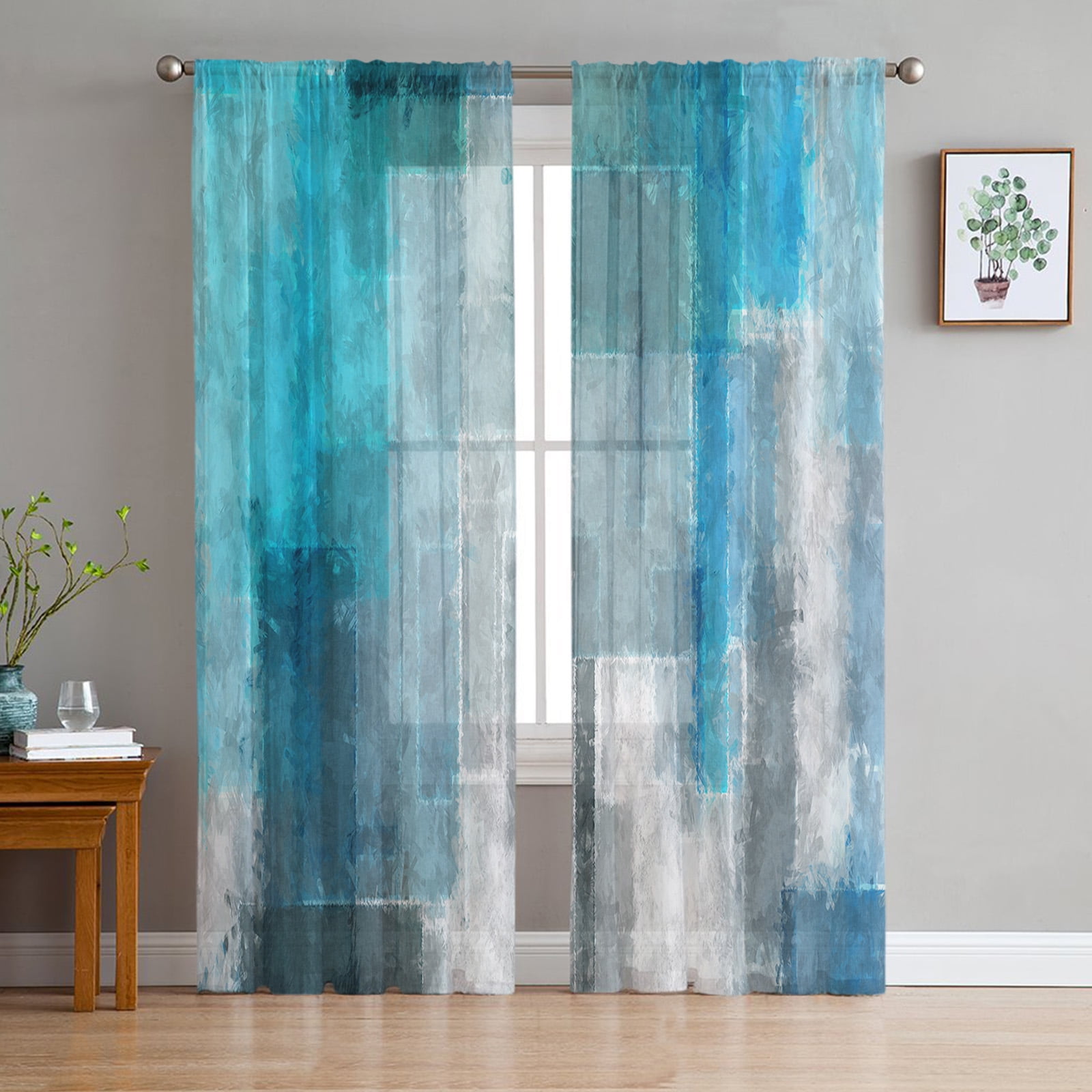 Abstract Oil Painting Geometric Blue Tulle Voile Curtains For Bedroom ...