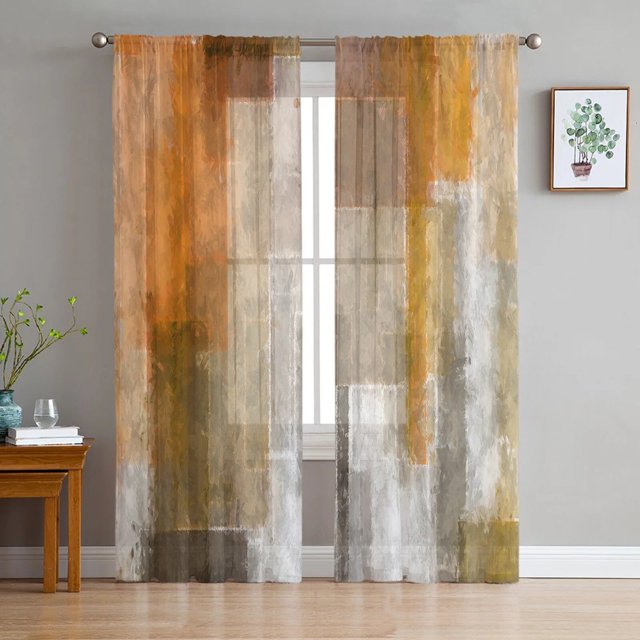 Abstract Oil Painting Geometric Orange Tulle Voile Curtains For Bedroom ...