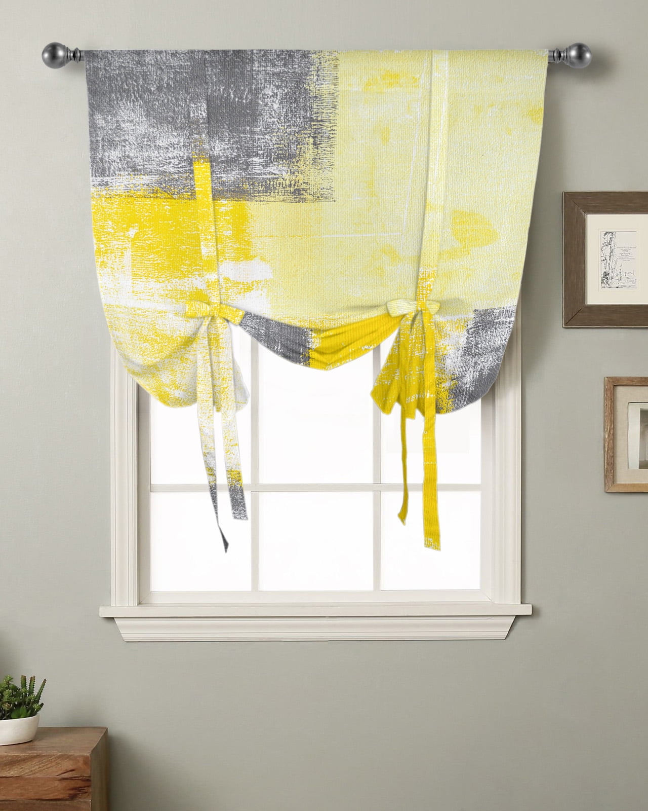 Abstract Oil Painting Geometric Yellow Kitchen Short Window Curtain ...