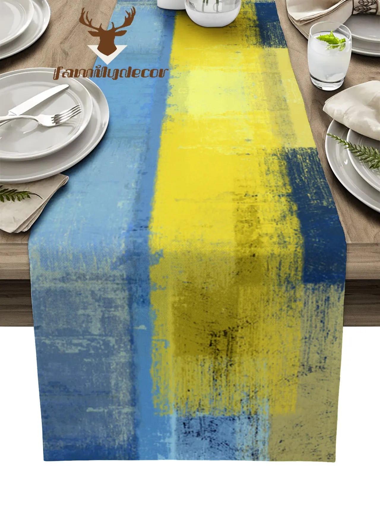 Abstract Oil Painting Geometric Yellow Table Runner Home Wedding Table ...