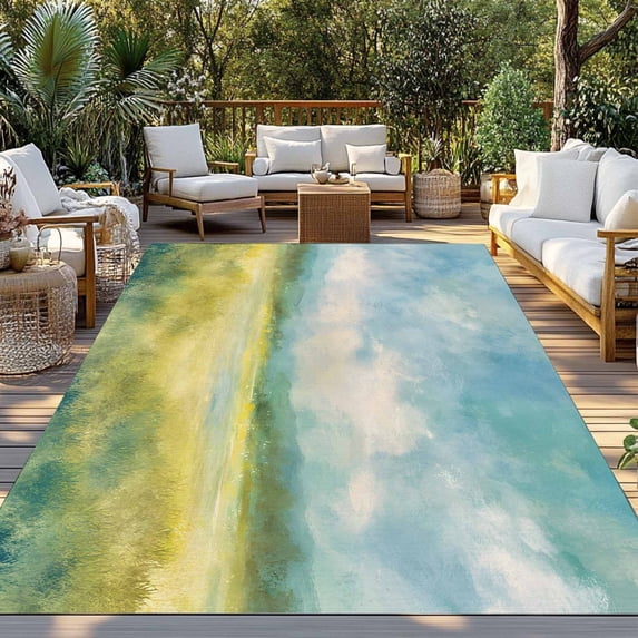 Abstract Oil Painting Indoor Outdoor Rugs 3x5 Ft, Green Yellow Field ...