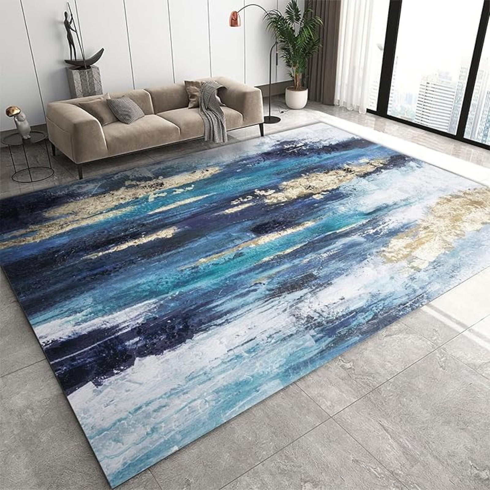 Abstract Oil Painting Ink Blue Gold Area Rug, Vintage Distressed Indoor ...