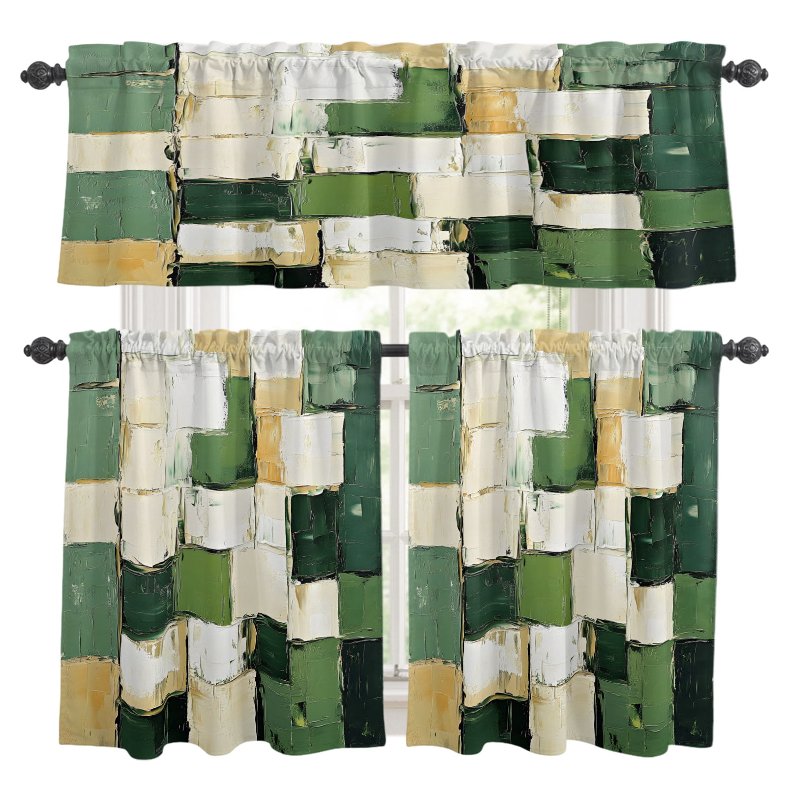 Abstract Oil Painting Kitchen Curtains Valance and Tier Set Geometric ...