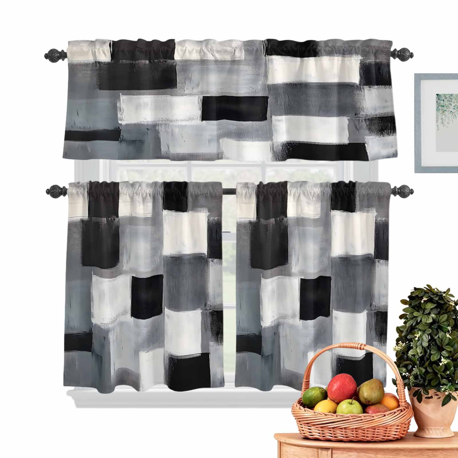 Abstract Oil Painting Kitchen Curtains Valances 3 Piece Set, Black ...
