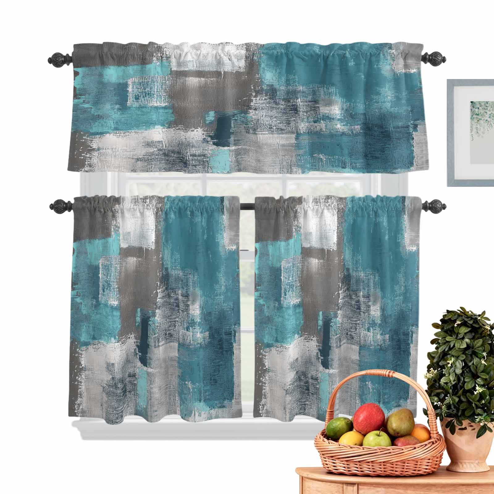 Abstract Oil Painting Kitchen Curtains Valances 3 Piece Set, Square ...