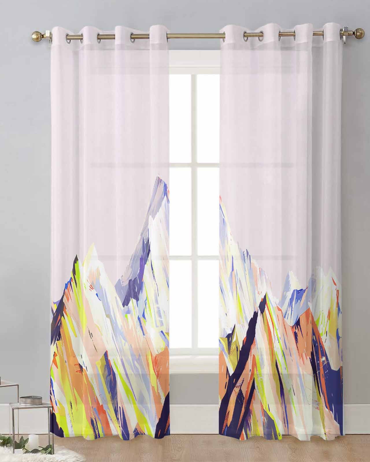 Abstract Oil Painting Mountain Illustration Modern Tulle Curtains Voile ...
