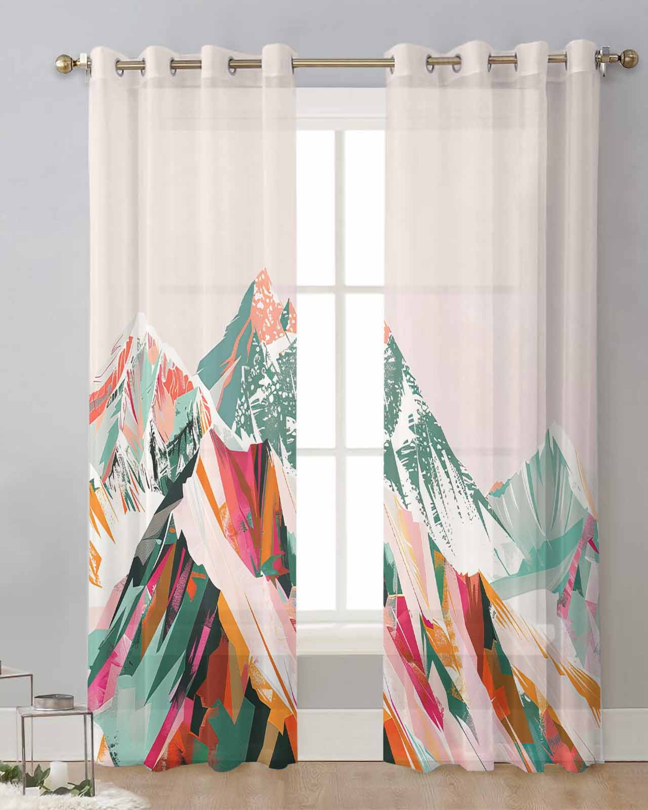 Abstract Oil Painting Mountain Illustration Tulle Drapes Living Room ...