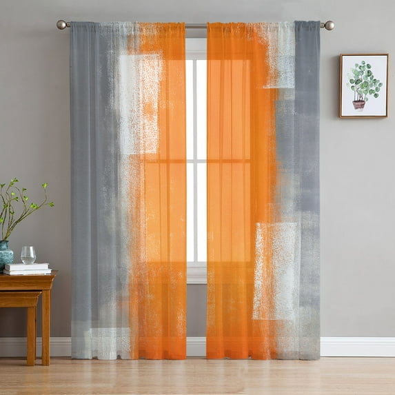 Abstract Oil Painting Orange Texture Tulle In Sheer Curtains For Living ...