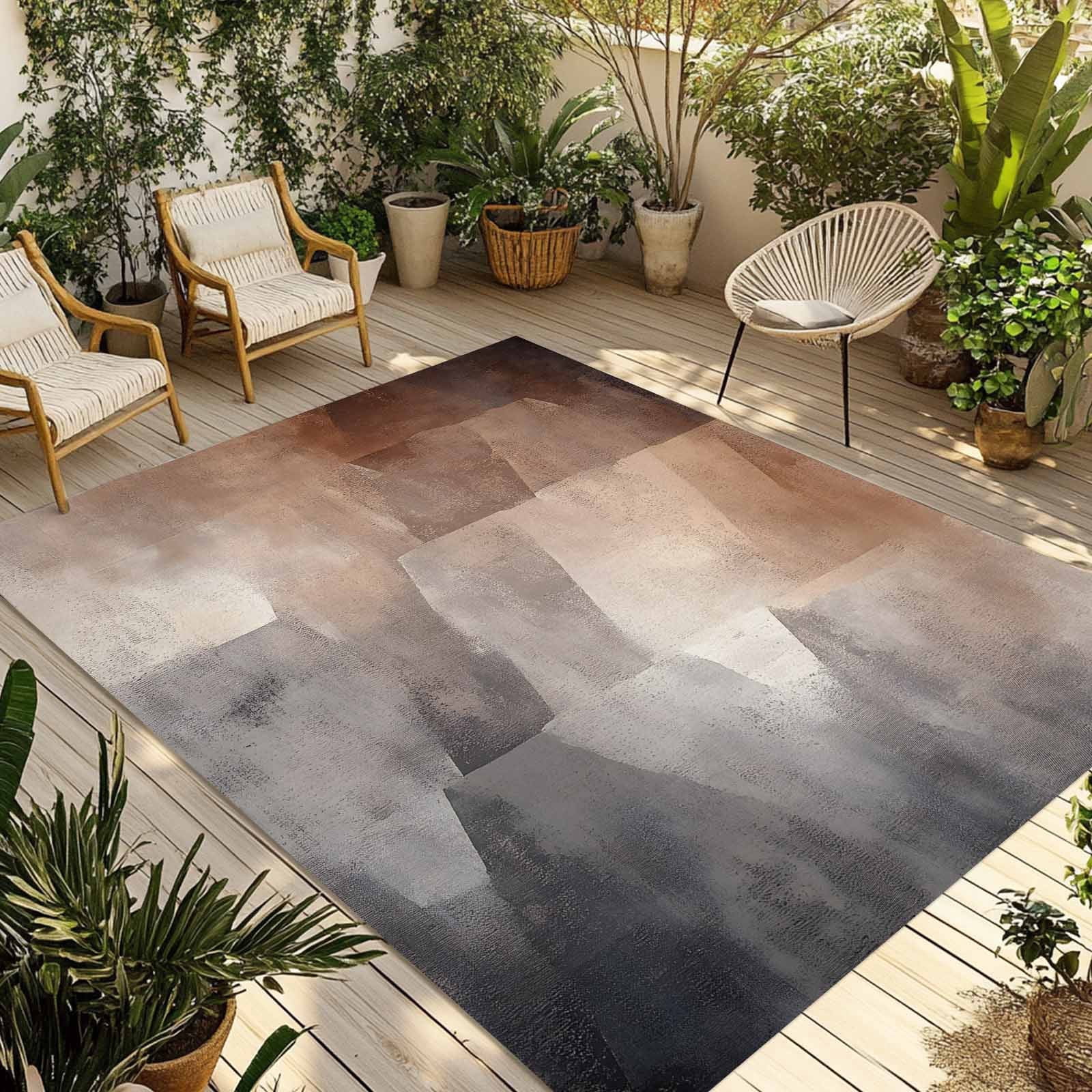 Abstract Oil Painting Outdoor Rug, Brown Grey Watercolor Modern Art Non ...