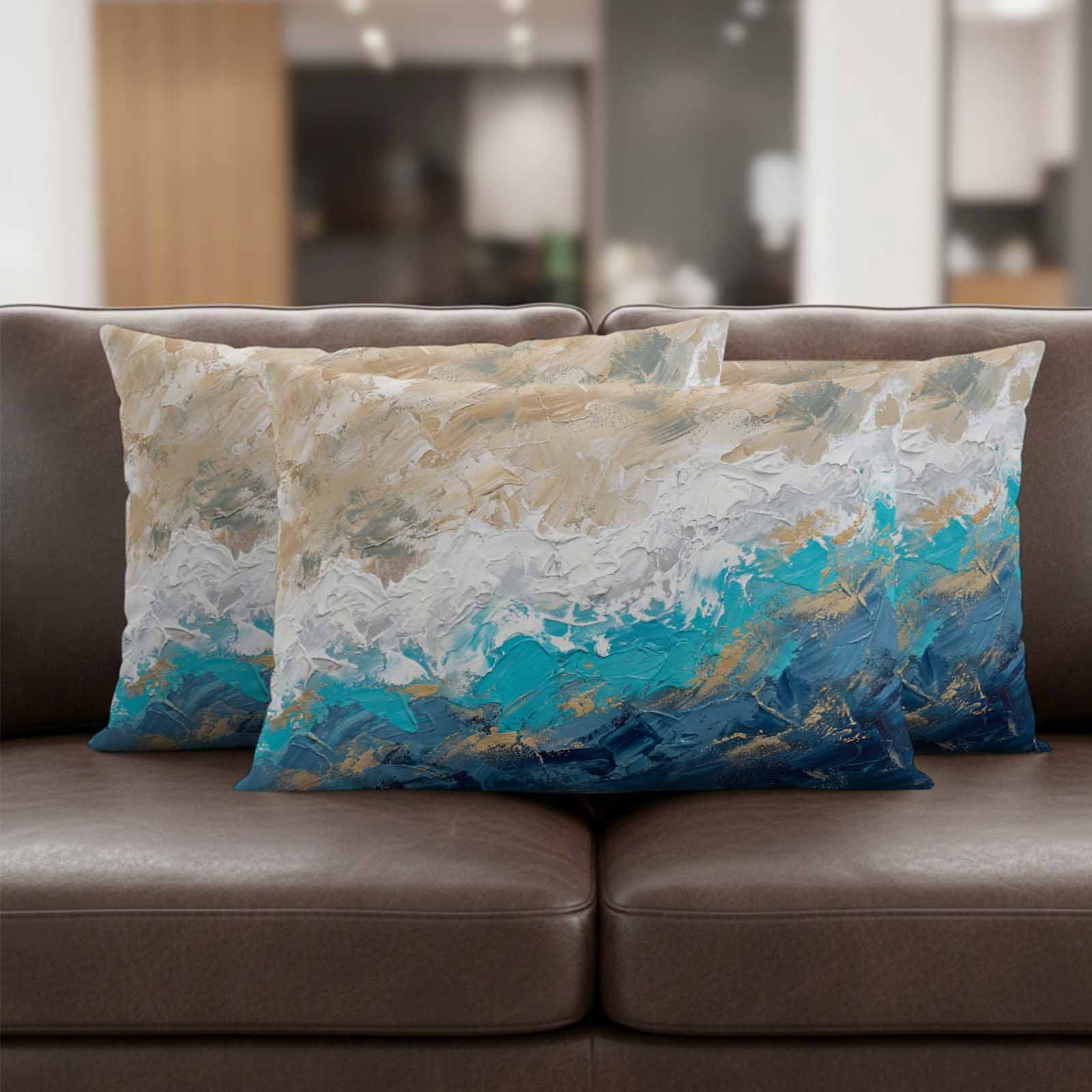 Abstract Oil Painting Pillow Covers Set of 4, Retro Beige Blue Ombre ...