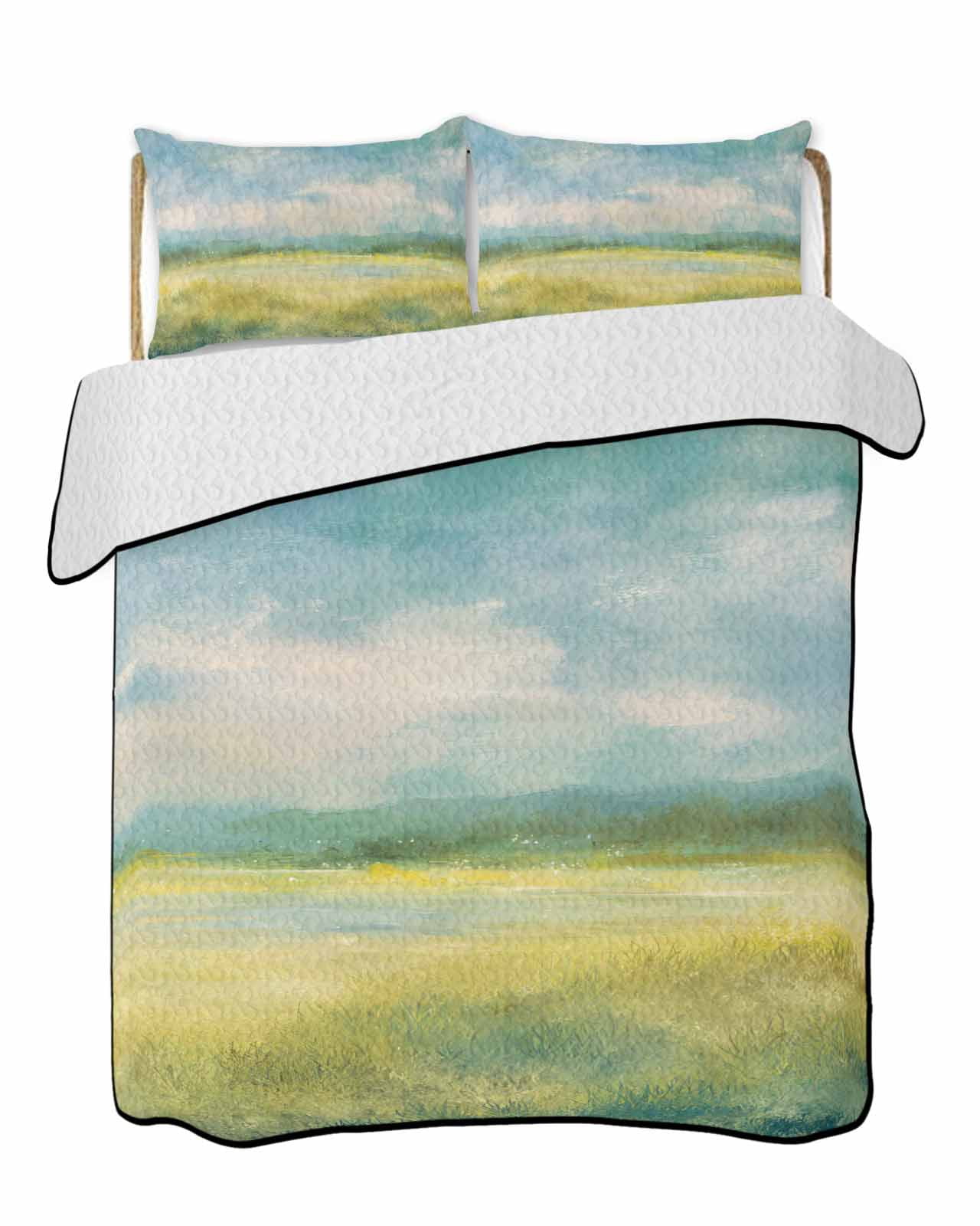 Abstract Oil Painting Quilts Bedding Set King Size Green Yellow Field ...