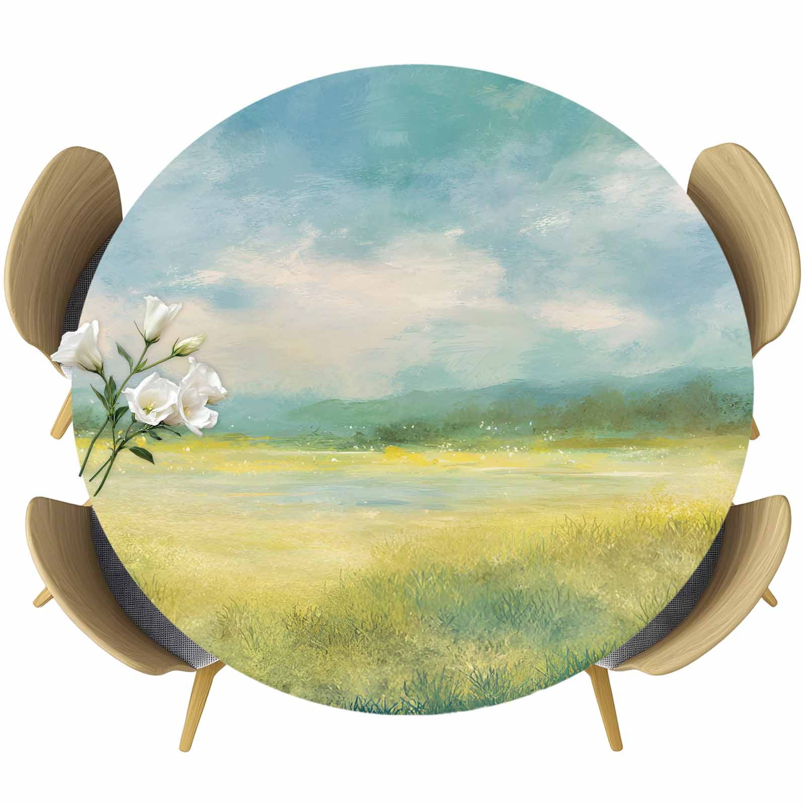 Abstract Oil Painting Round Fitted Tablecloth with Elastic Edge, Green ...
