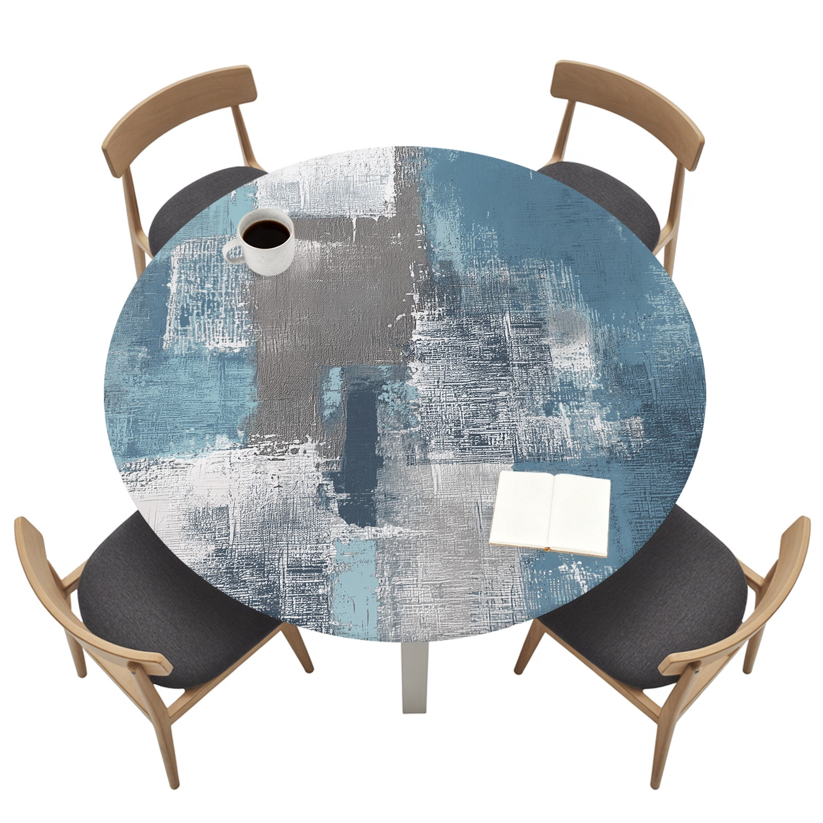 Abstract Oil Painting Round Fitted Tablecloth Square Blue Smear Elastic ...