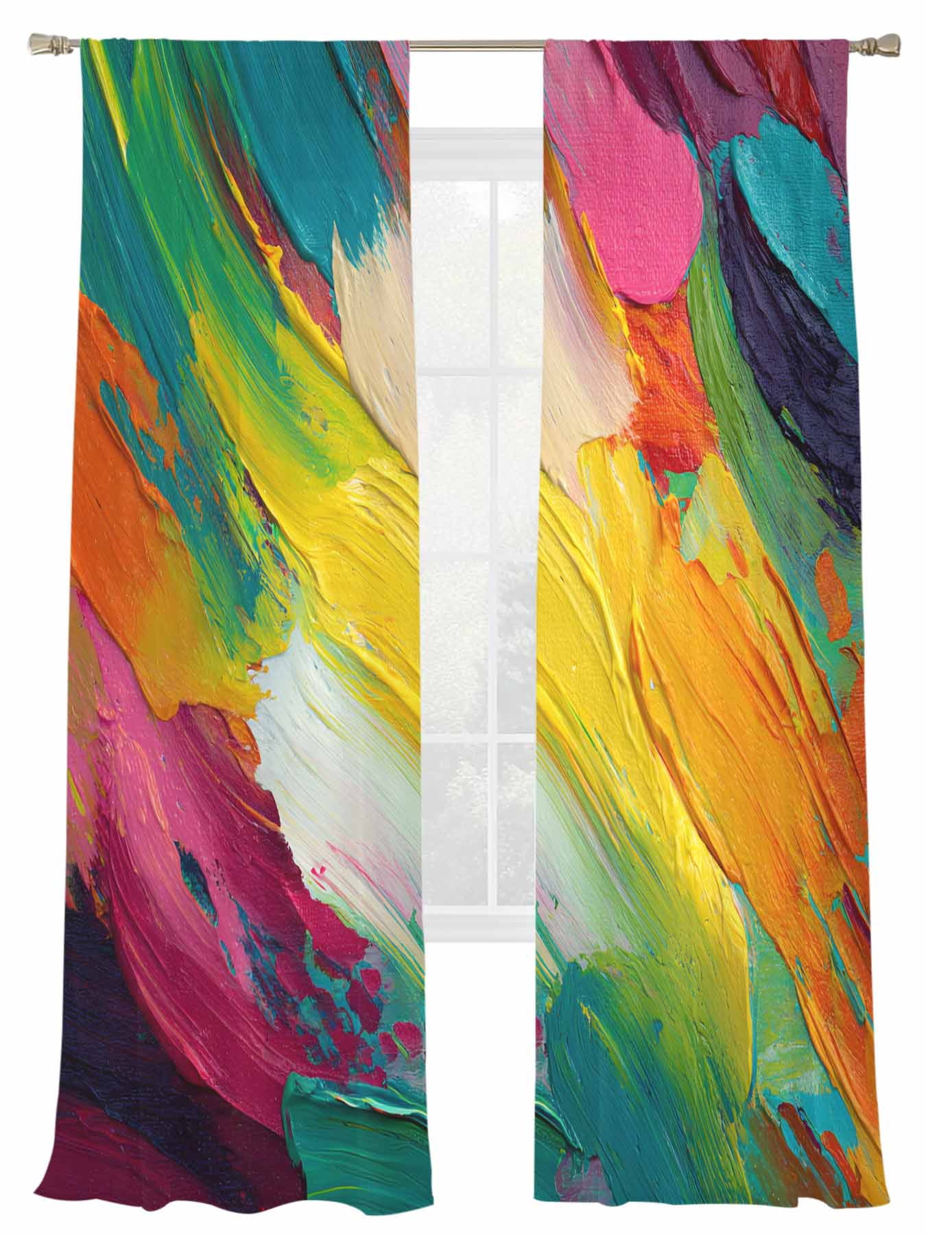 Abstract Oil Painting Sheer Curtains 108 Inch Long 2 Panels, Rainbow ...
