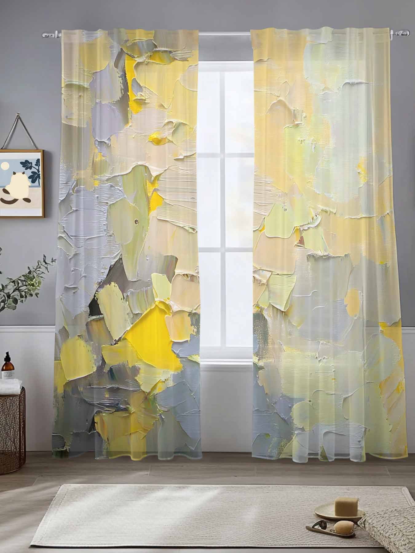 Abstract Oil Painting Sheer Curtains 108 Inches Long 2 Panels Simple ...
