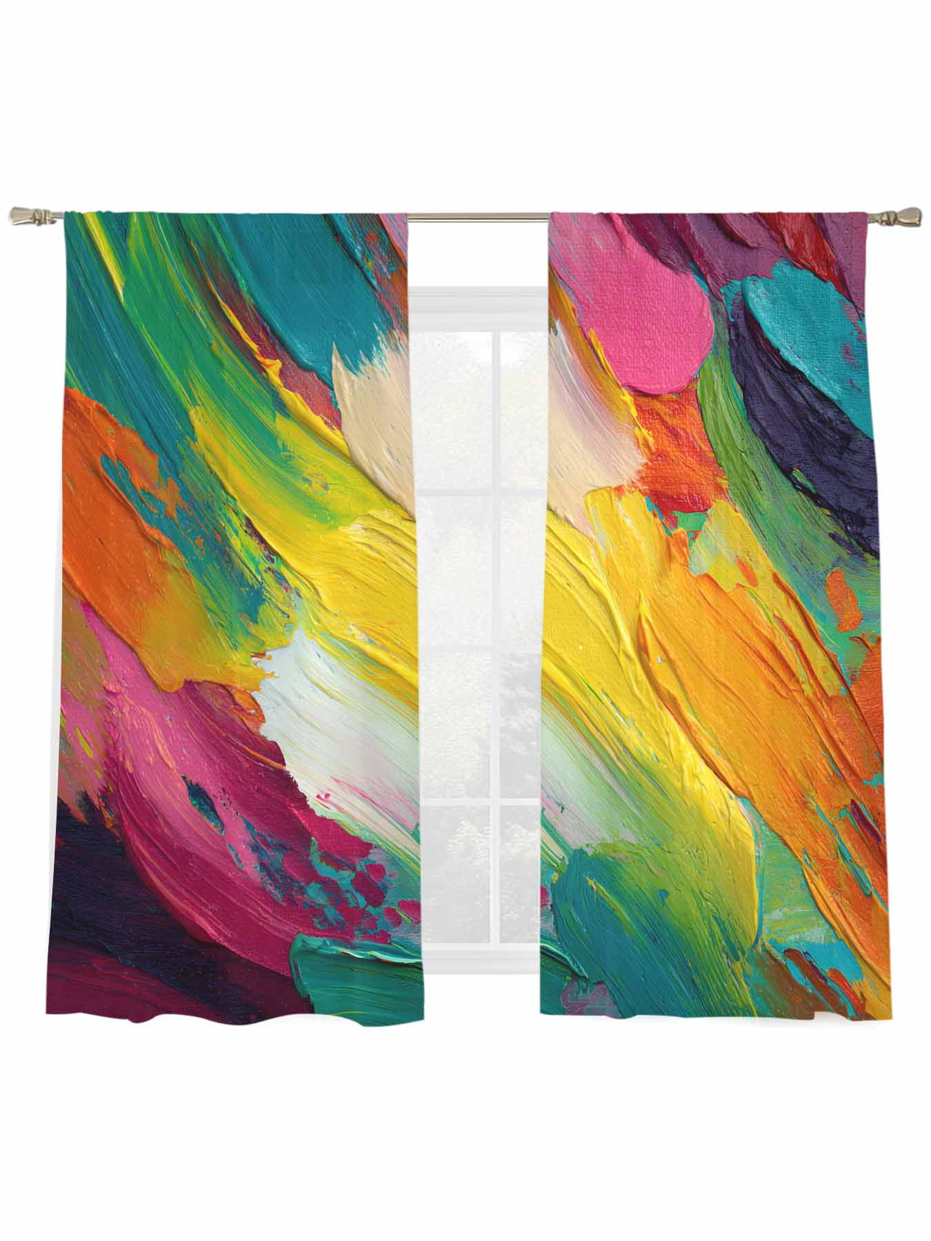 Abstract Oil Painting Sheer Curtains 72 Inch Long 2 Panels, Rainbow ...
