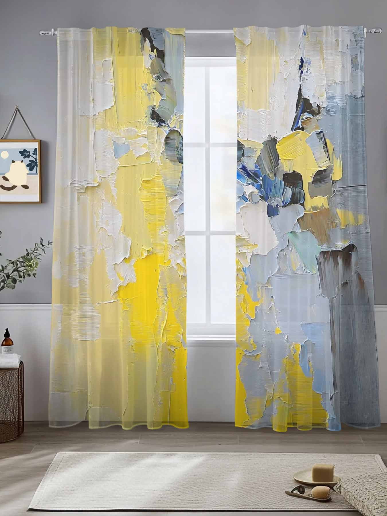Abstract Oil Painting Sheer Curtains 84 Inches Long 2 Panels Yellow ...