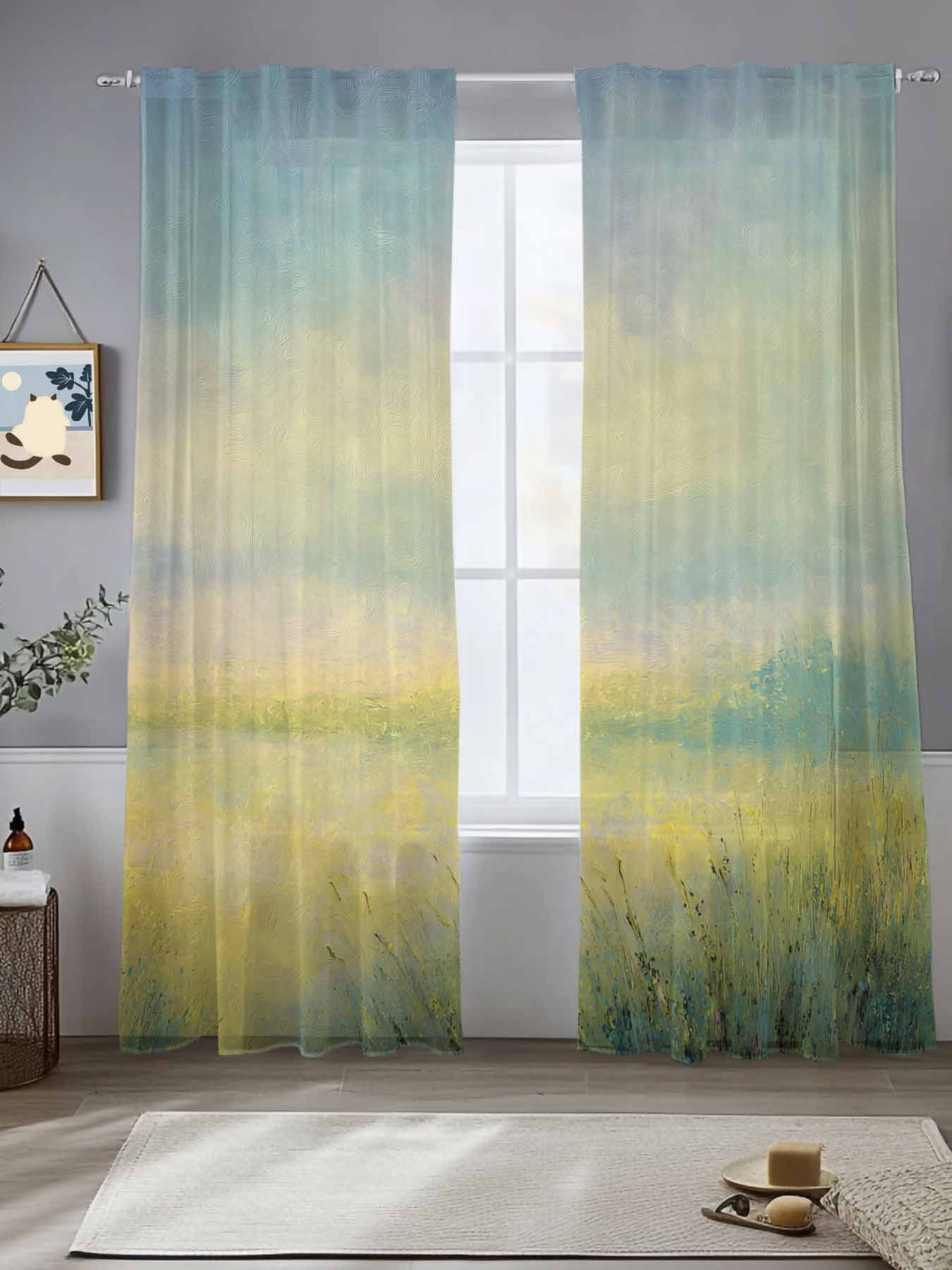 Abstract Oil Painting Sheer Curtains 96 Inches Long 2 Panels Green ...