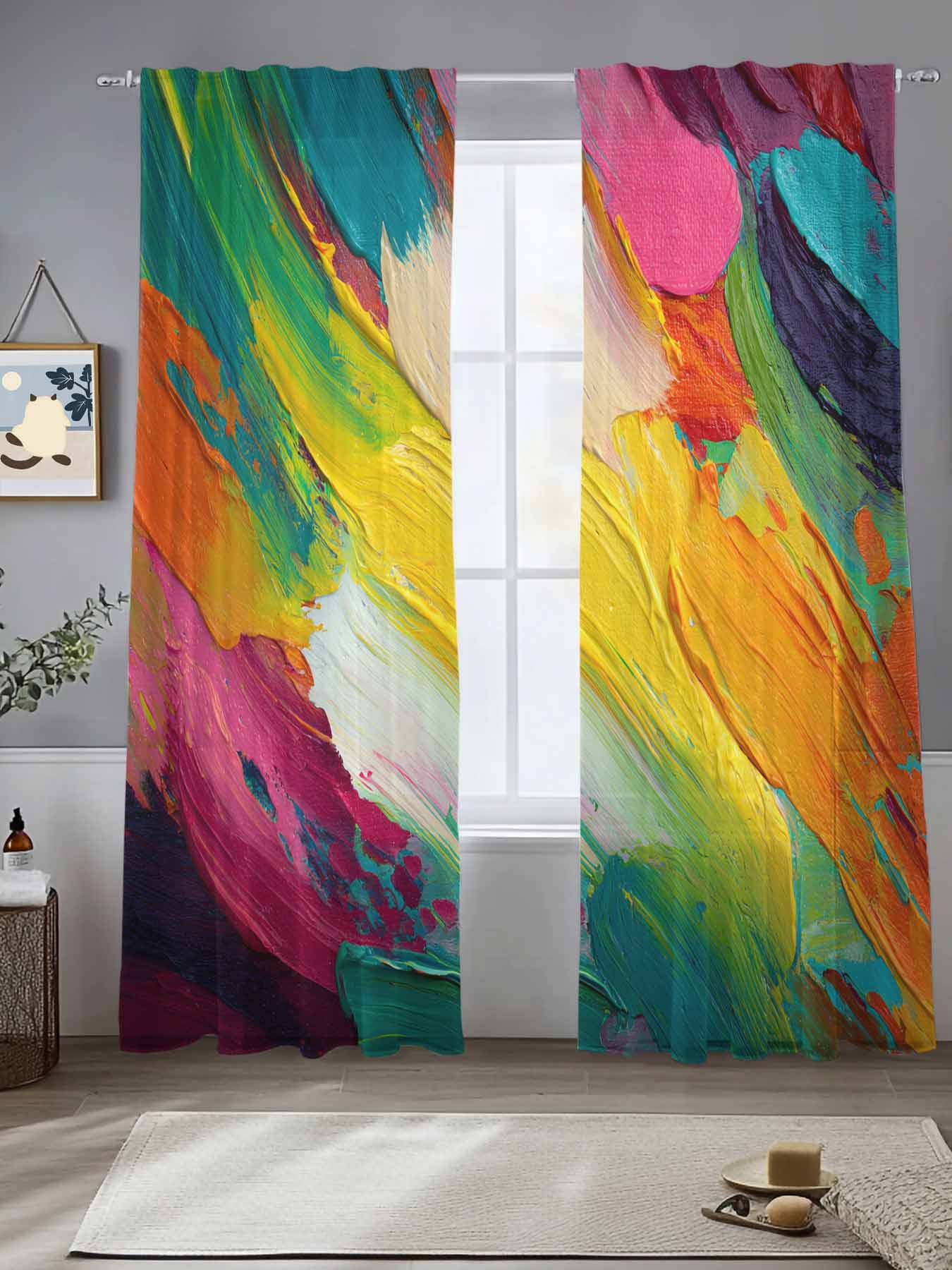 Abstract Oil Painting Sheer Curtains 96 Inches Long 2 Panels Rainbow ...
