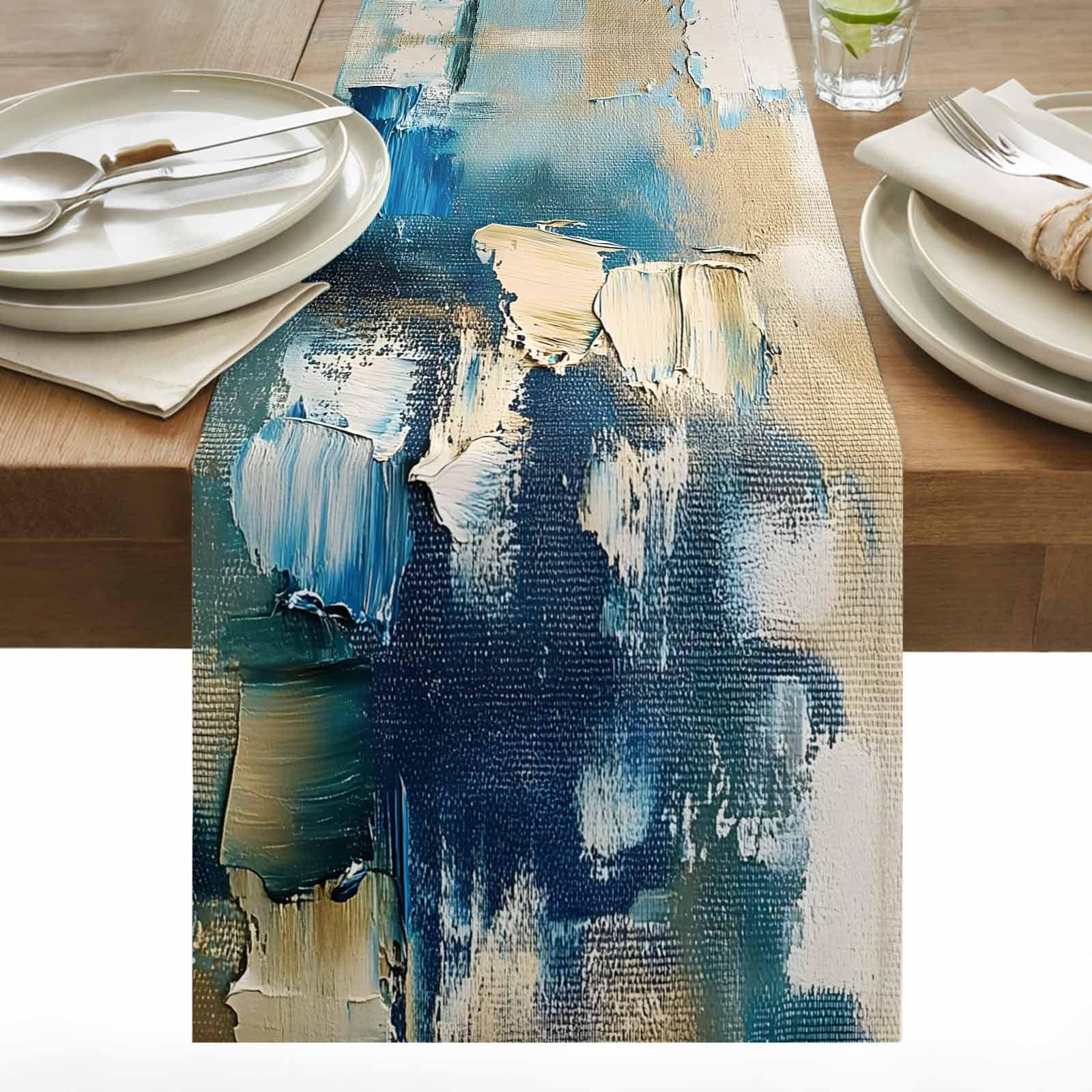 Abstract Oil Painting Table Runner 13x60 inch Watercolor Blue Beige ...