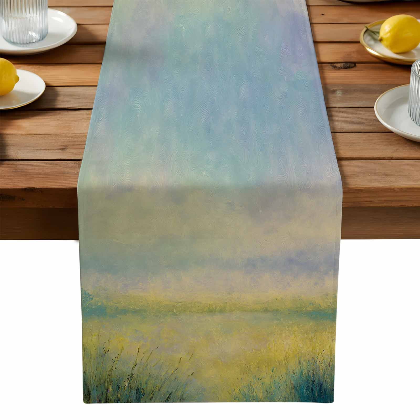 Abstract Oil Painting Table Runner, Green Yellow Gradient Grass Field ...