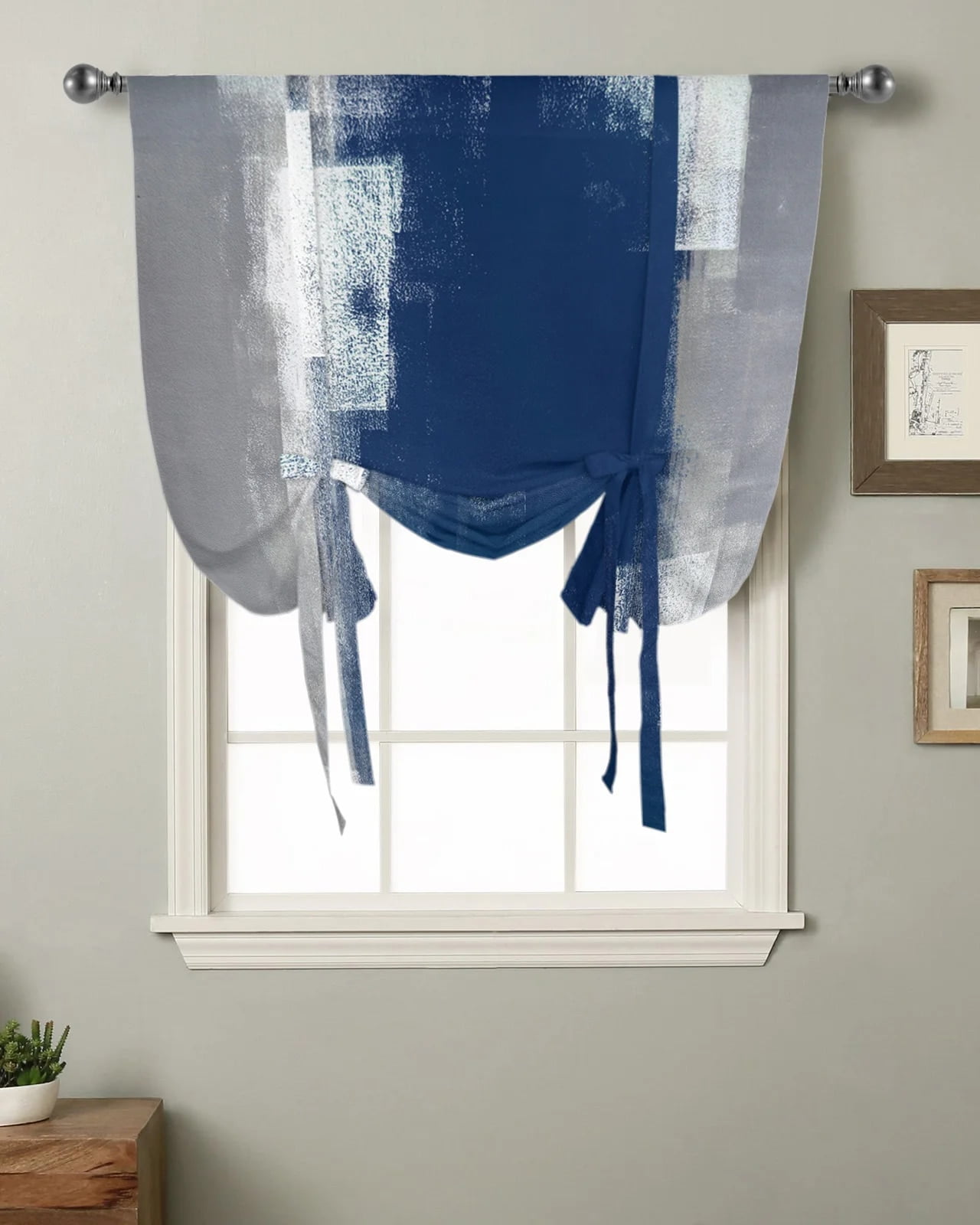 Abstract Oil Painting Texture Blue Grey Kitchen Short Window Curtain ...
