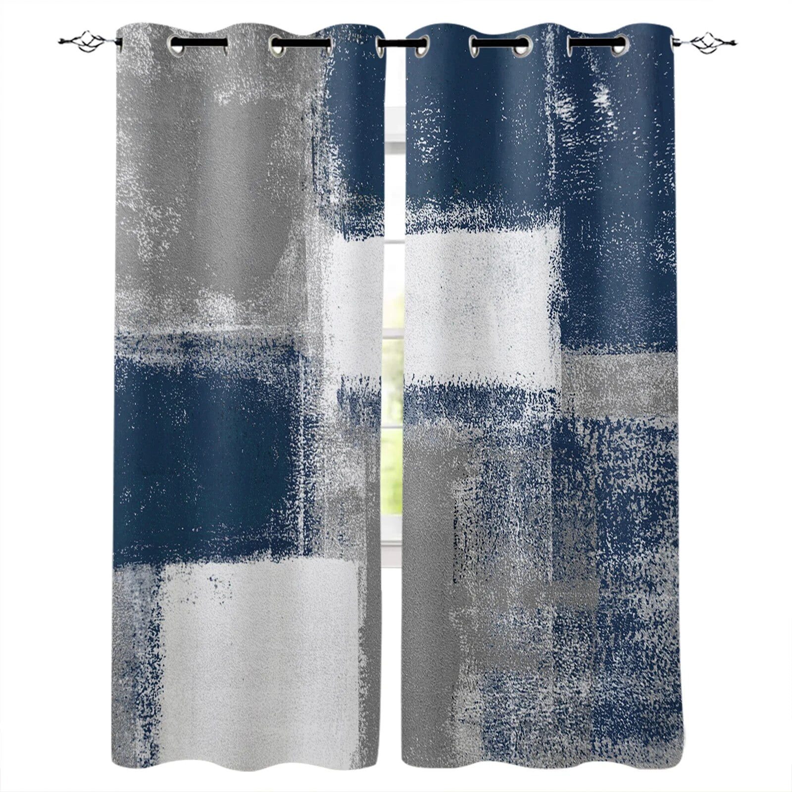 Abstract Oil Painting Texture Blue Window Curtains for Living Room ...