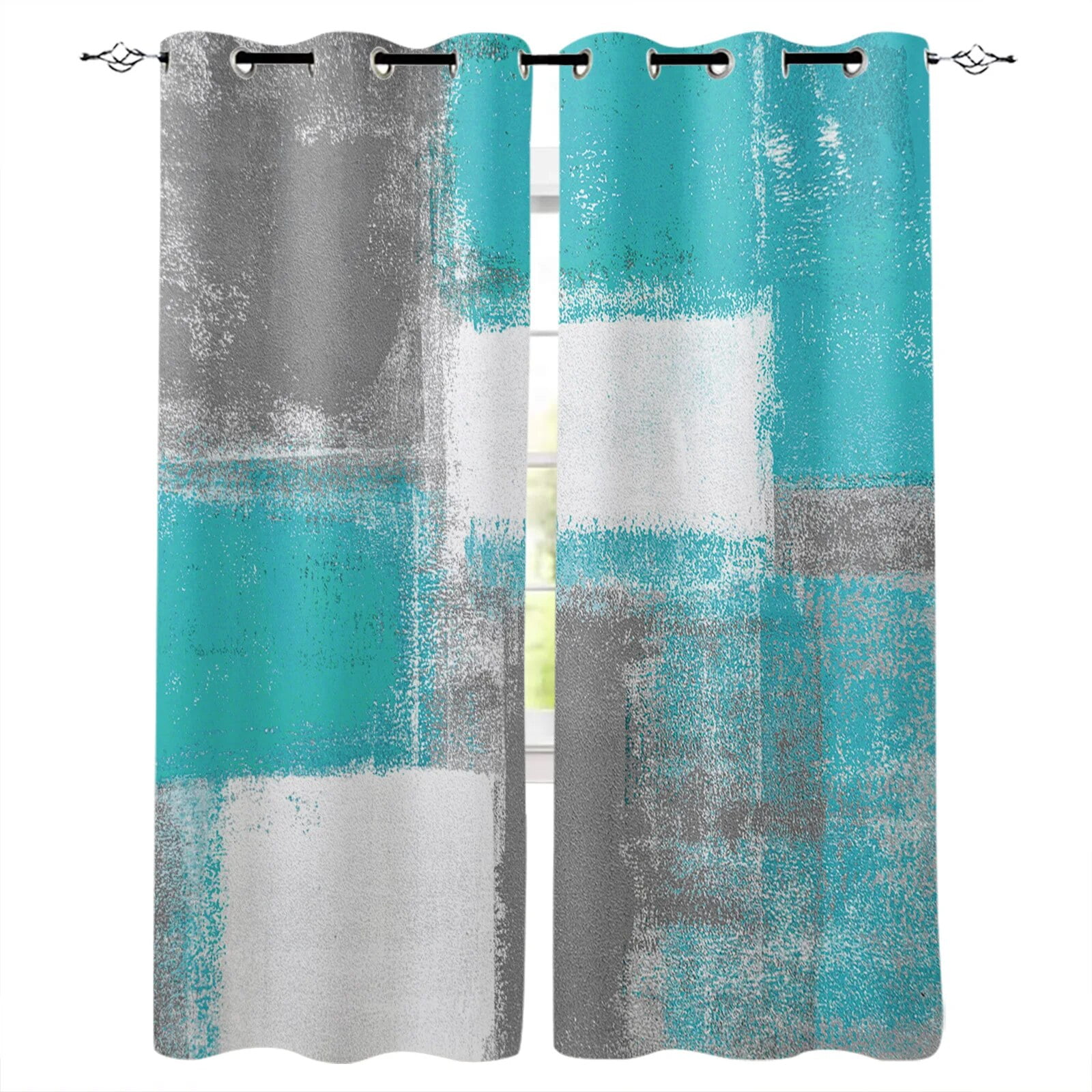 Abstract Oil Painting Texture Blue Window Curtains for Living Room ...