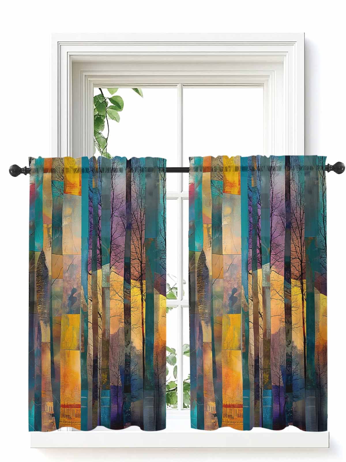 Abstract Oil Painting Tier Curtains 45 Inch Length,Sheer Curtains for ...