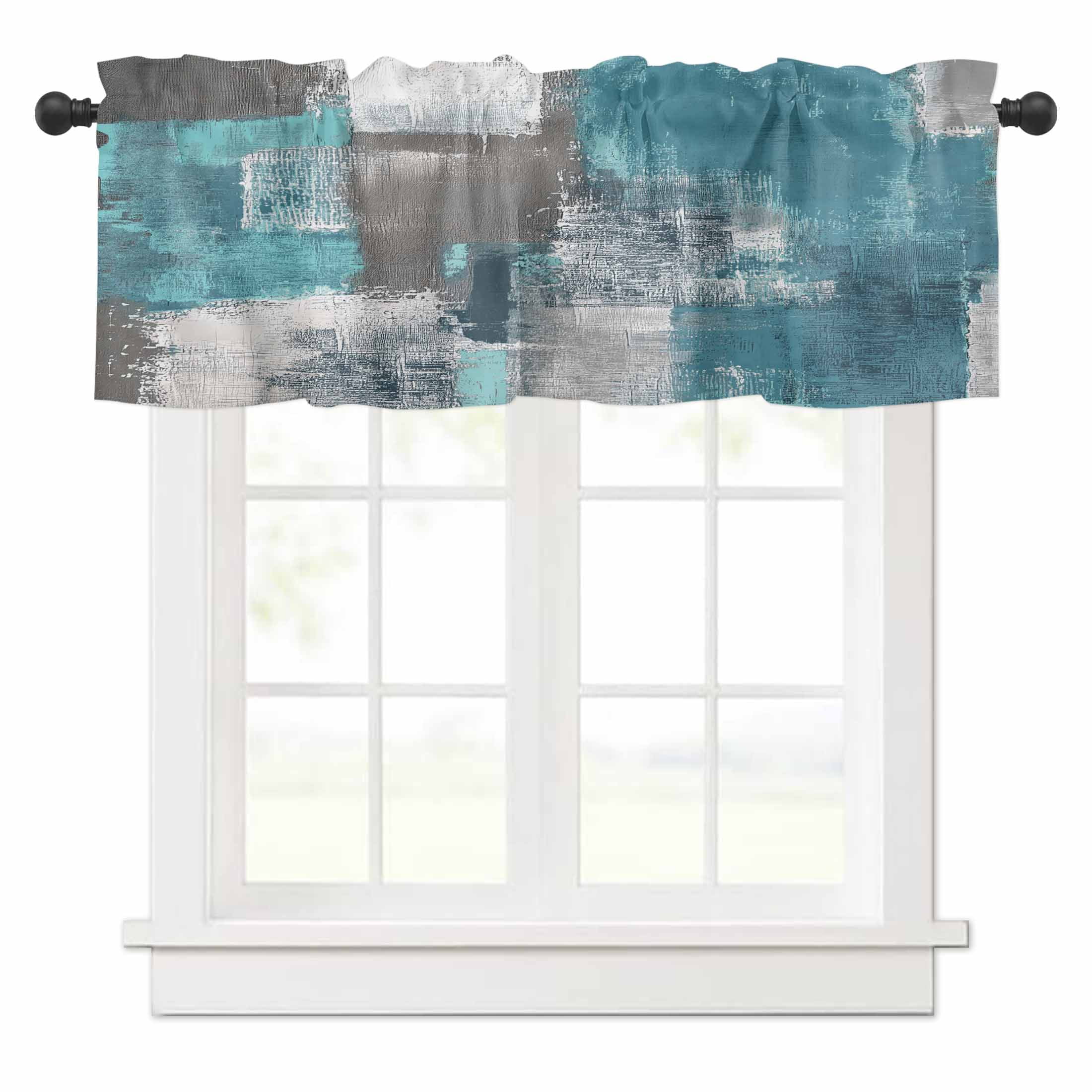 Abstract Oil Painting Valances for Windows Square Blue Green Smear Rod ...