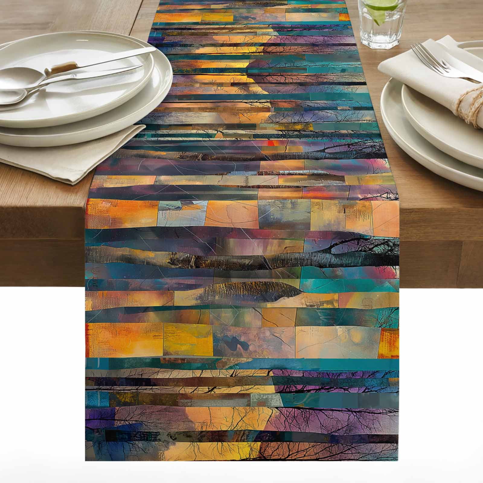 Abstract Oil Table Runner 13x36 inch Painting Trees Cotton Linen Dining ...