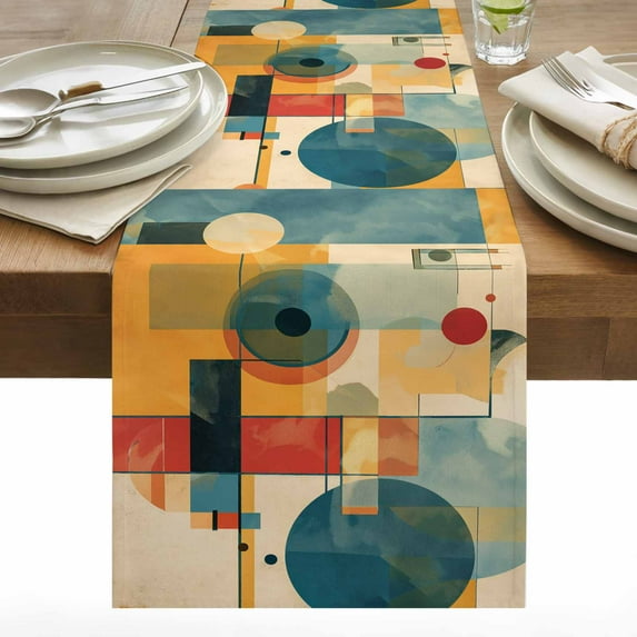 Abstract Oil Table Runner 13x72 inch Painting Retro Geometric Orange ...