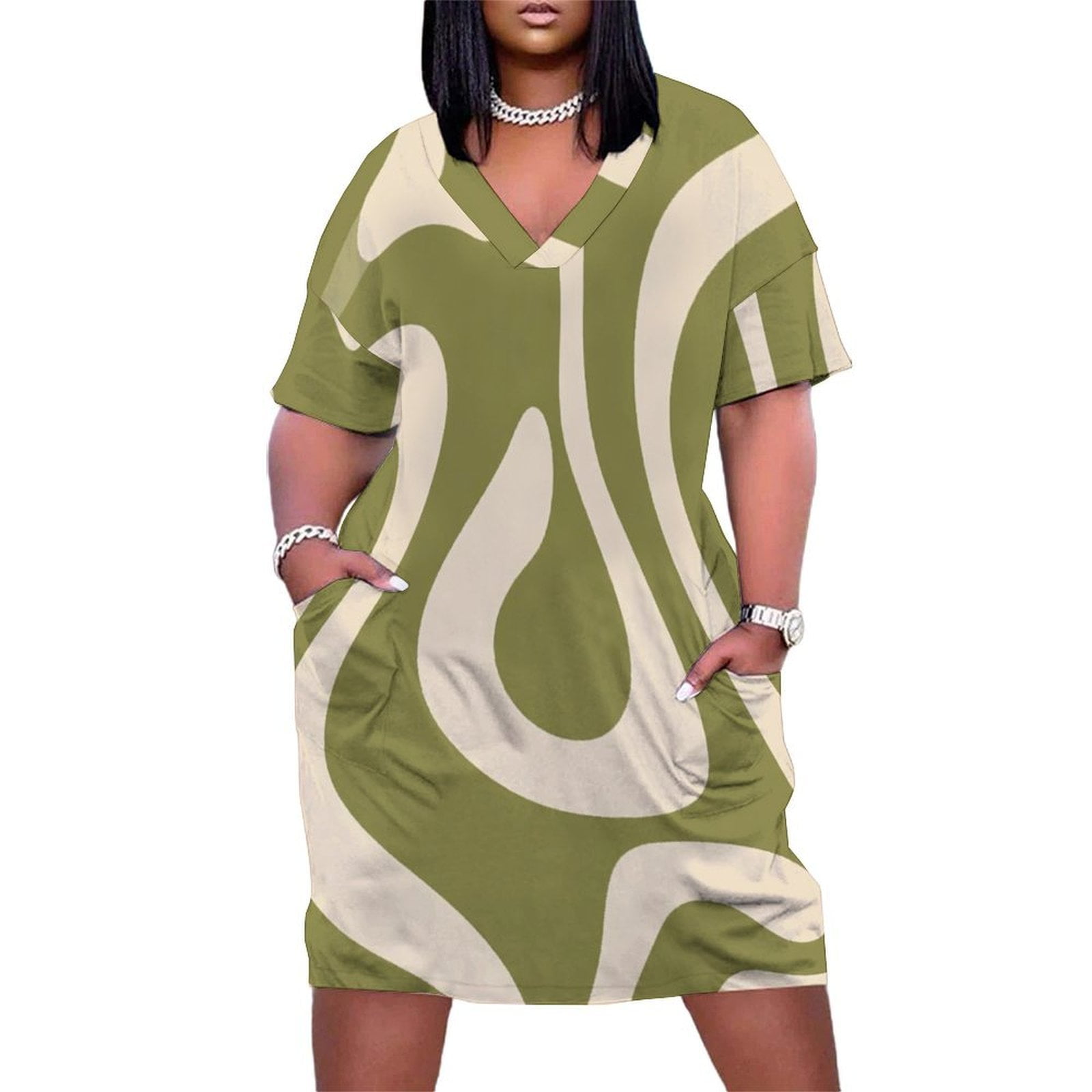 Abstract Olive Green Wavy Pattern Loose Pocket Dress Dresses Summer ...