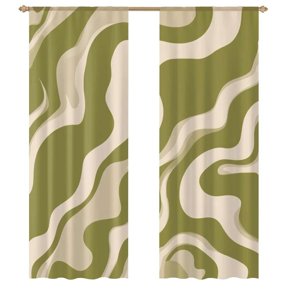 Abstract Olive Green Wavy Pattern Modern Tulle Window Curtains for ...