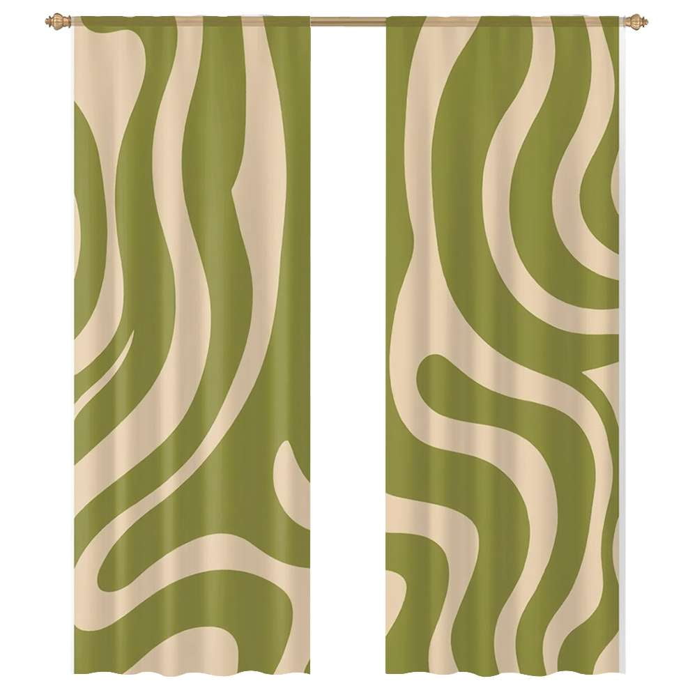 Abstract Olive Green Wavy Pattern Sheer Window Curtains for Living Room ...