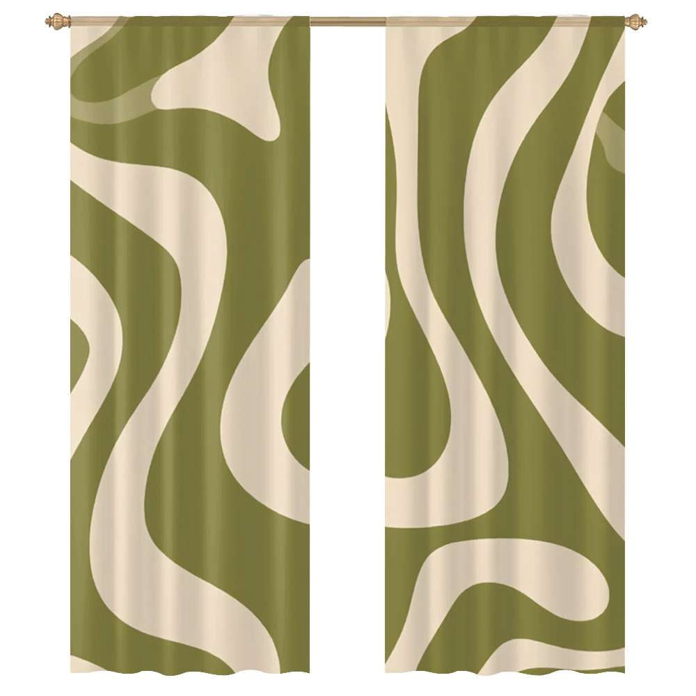 Abstract Olive Green Wavy Pattern Tulle Curtains For Living Room ...