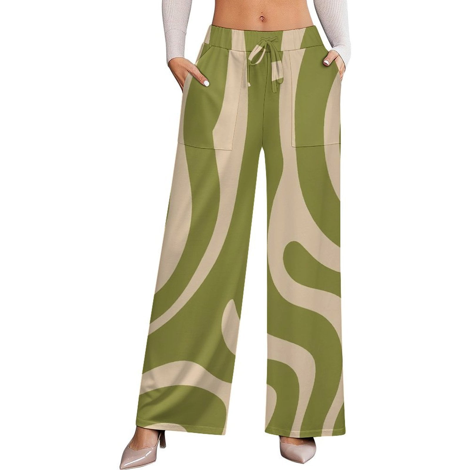 Abstract Olive Green Wavy Pattern Women's Casual Wide Leg Pants Comfort ...