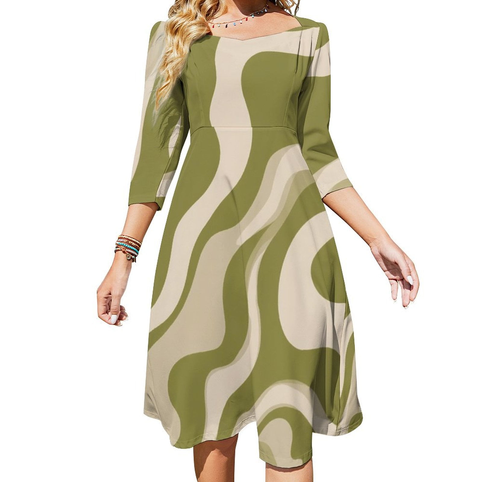 Abstract Olive Green Wavy Pattern Women's Fall Dresses Casual Loose ...