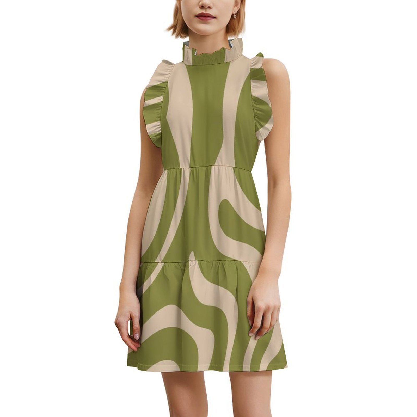 Abstract Olive Green Wavy Pattern Women's Fashion Casual Dress Summer ...