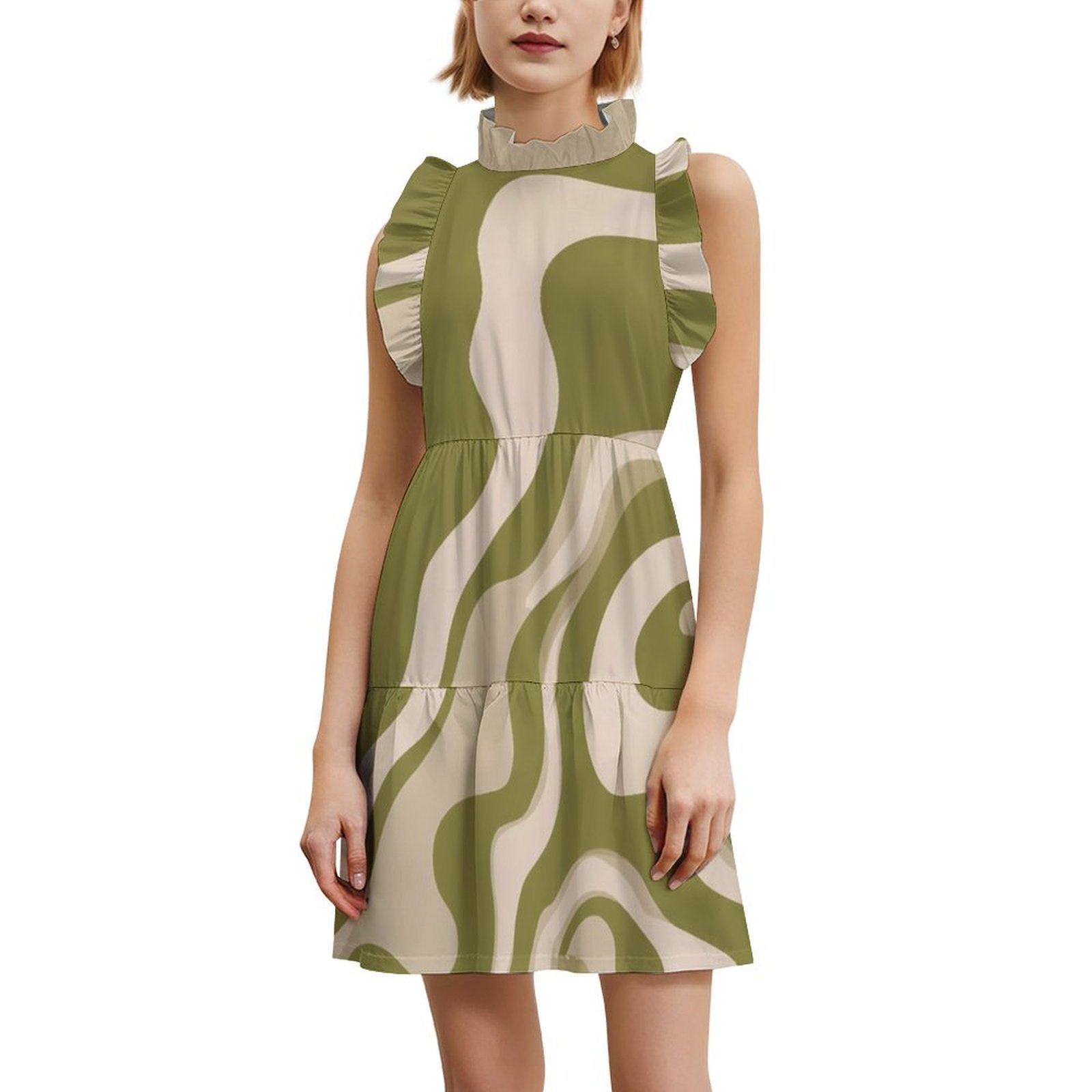 Abstract Olive Green Wavy Pattern Women's Fashion Casual Dress Summer ...