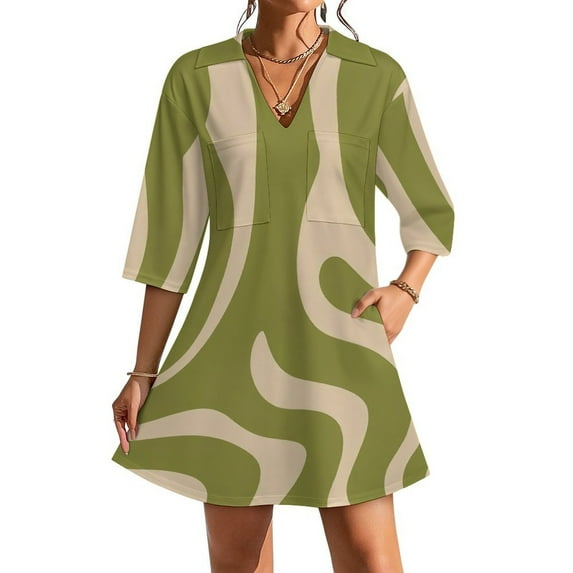 Abstract Olive Green Wavy Pattern Womens Dress With Pockets Summer V Neck 3/4 Sleeve Dress Plus ...