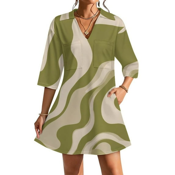Abstract Olive Green Wavy Pattern Womens Dress With Pockets Summer V Neck 3/4 Sleeve Dress Plus ...