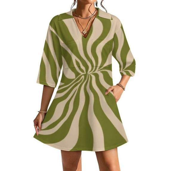 Abstract Olive Swirl Design Art Womens Dress With Pockets Summer V Neck ...