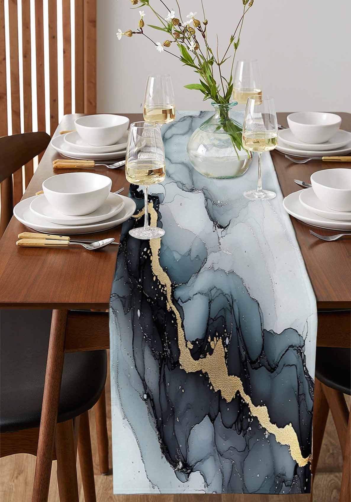 Abstract Ombre Black Grey Marble Table Runner 13x70in Non-Slip Cotton ...