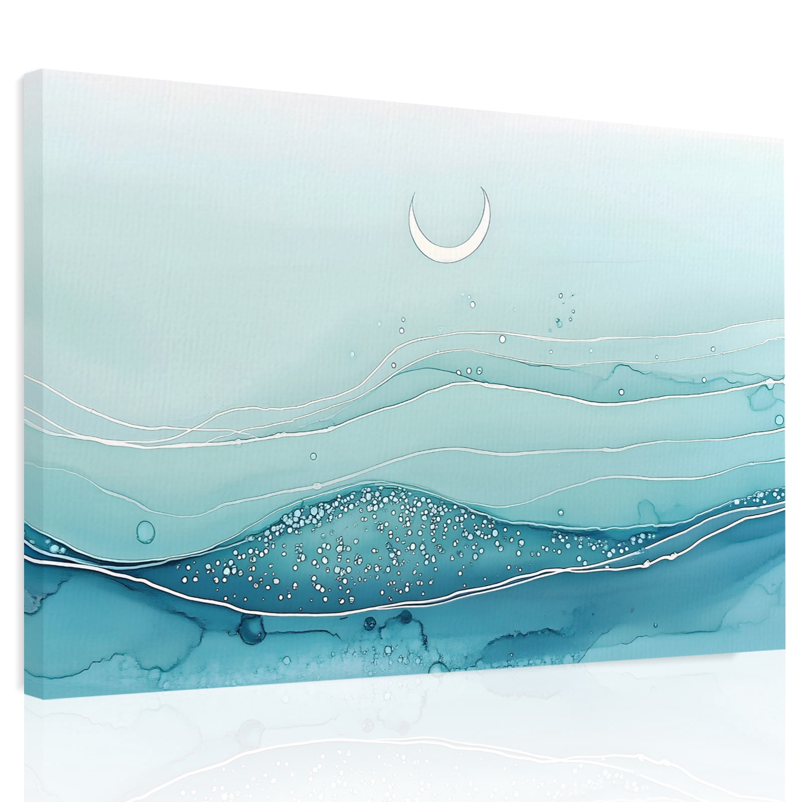 Abstract Ombre Blue Ocean Wave Canvas Print Wall Art, Sky Moon Modern ...
