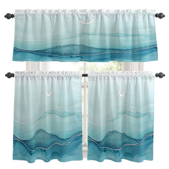 Abstract Ombre Blue Ocean Wave Kitchen Curtains Set for Windows, Sky ...