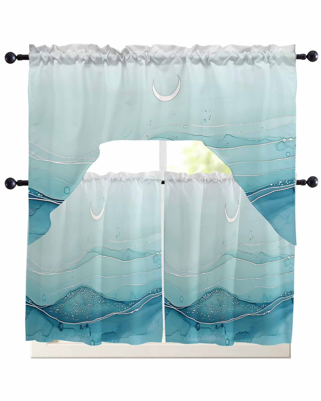 Abstract Ombre Blue Ocean Wave Swag Valance and Tier Curtains Set Sky ...