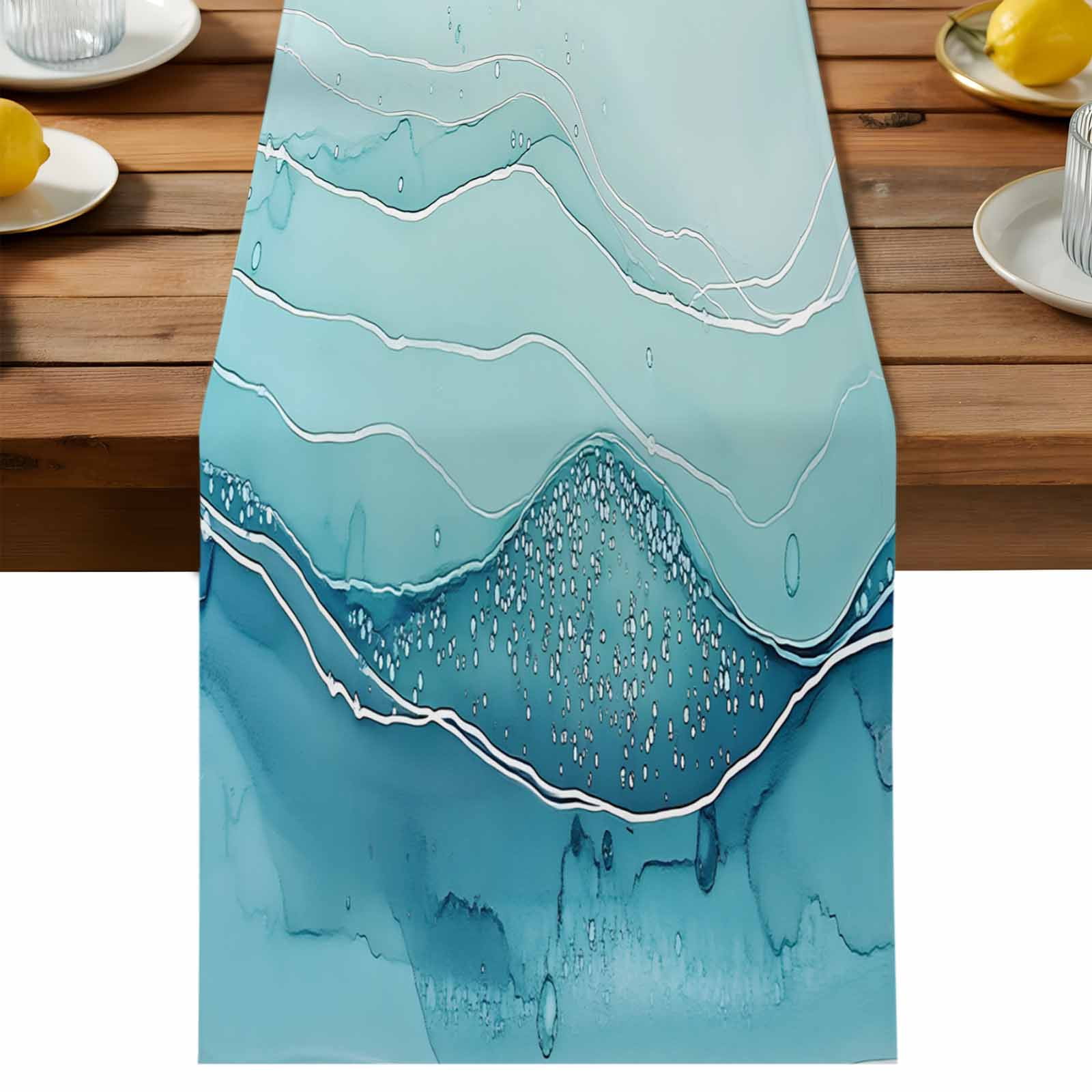 Abstract Ombre Blue Ocean Wave Table Runner, Sky Moon Modern Cotton ...