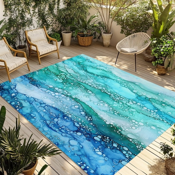 Abstract Ombre Blue Wave Outdoor Rug, Ocean Modern Abstract Art Non ...