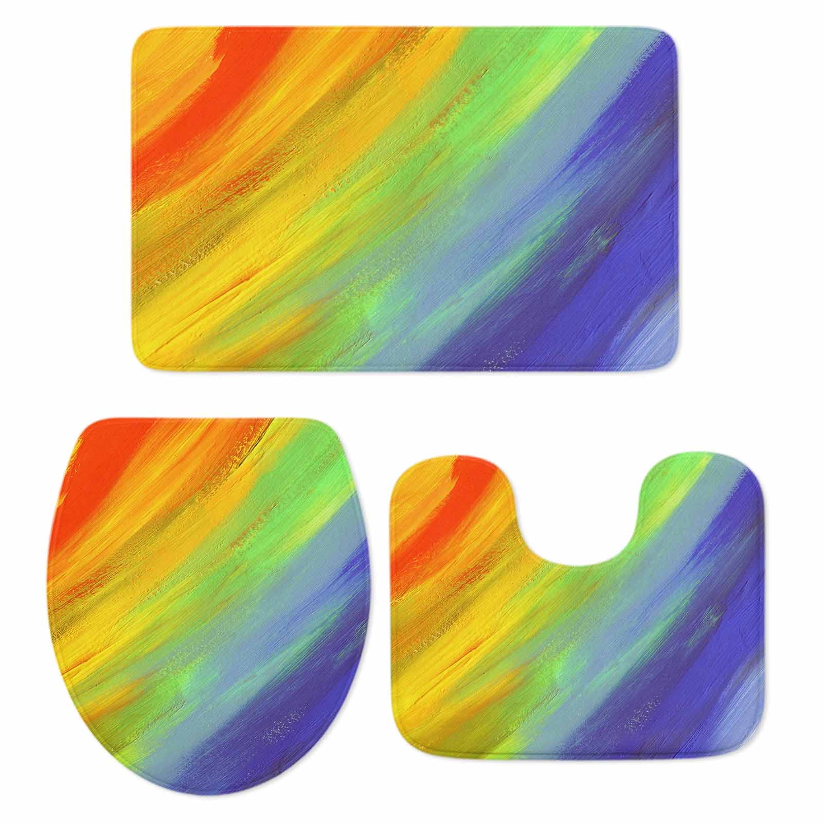 Abstract Ombre Colored, Bath Mat 3 Piece Bathroom Rug Set, Rainbow ...